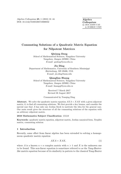 Pdf Commuting Solutions Of A Quadratic Matrix Equation For Nilpotent Matrices