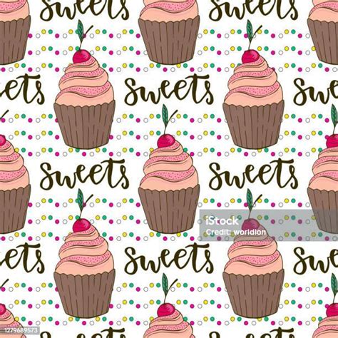 벡터 컵 케이크 매끄러운 패턴 과자 케이크와 낙서 배경 생일 장식 갈색에 대한 스톡 벡터 아트 및 기타 이미지 갈색 귀여운