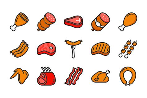 고기와 소시지 색상 라인 아이콘 스테이크와 살라미 벡터 선형 다채로운 아이콘 세트 흰색 배경에 격리된 아이콘 컬렉션입니다 고기에 대한 스톡 벡터 아트 및 기타 이미지