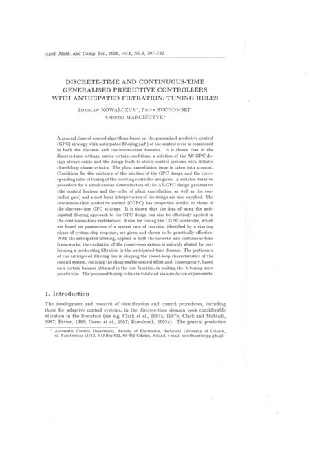 Pdf Discrete Time And Continuous Time Generalised Predictive Controllers With Anticipated