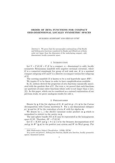 Pdf Order Of Zeta Functions For Compact Odd Dimensional Locally Symmetric Spaces