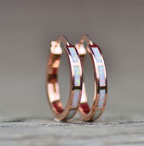 White Opal Inlay Rose Gold Hoop Earringlab Created Opal Endless Hoop