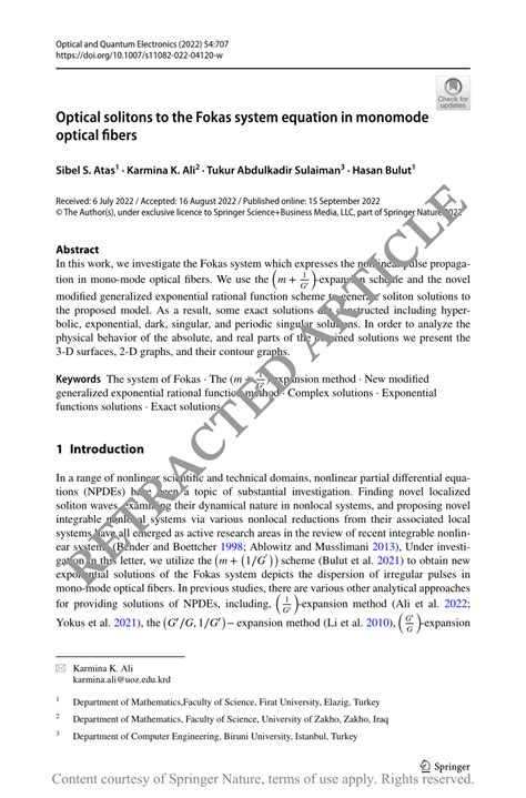 Optical Solitons To The Fokas System Equation In Monomode Optical Fibers Request Pdf