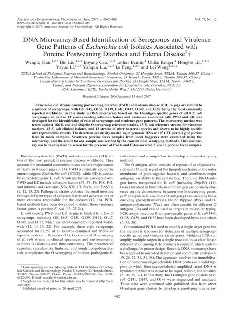 Pdf Dna Microarray Based Identification Of Serogroups And Virulence Gene Patterns Of