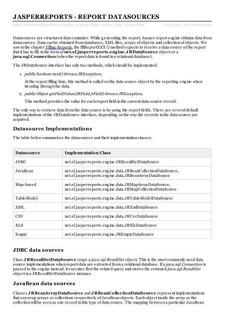 Jasperreports Report Datasources Tutorials Point
