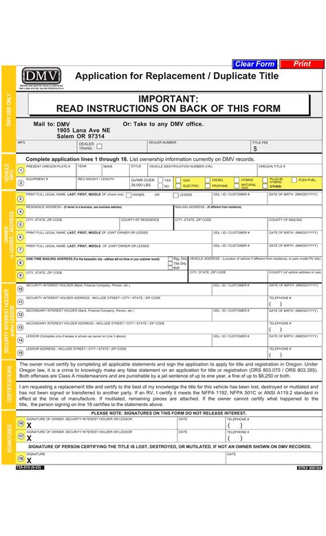 Oregon Dmv Form 735 0515 Application For Replacement Duplicate Title