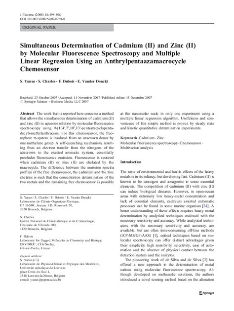 Pdf Simultaneous Determination Of Cadmium Ii And Zinc Ii By Molecular Fluorescence