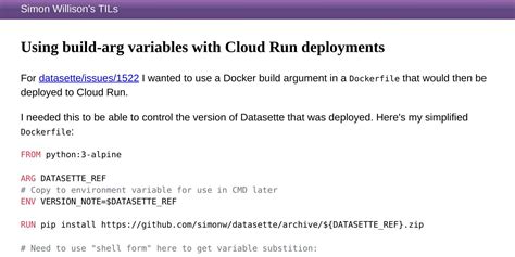 Using Build Arg Variables With Cloud Run Deployments Simon Willisons Tils