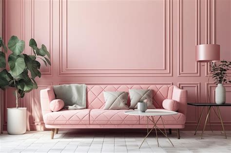 분홍색 벽 배경과 회색 벨벳 소파가 있는 거실 내부 프리미엄 사진