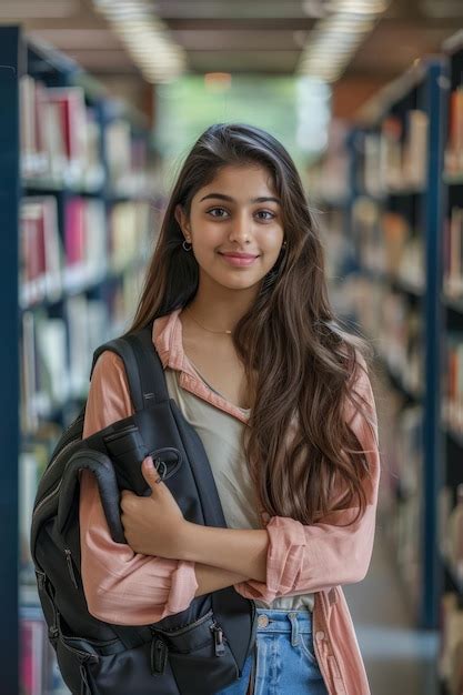 Premium Photo In The Modern University Or College Campus Library A Smiling Cute Pretty Indian