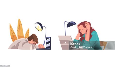 피곤하고 지친 사람들의 집합 노트북 컴퓨터 만화 벡터 일러스트 레이 션 앞에서 책상에 앉아 있는 졸린 사무실 직원 걱정하는에 대한 스톡 벡터 아트 및 기타 이미지 Istock
