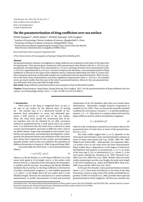 Pdf On The Parameterization Of Drag Coefficient Over Sea Surface