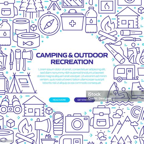 캠핑 및 야외 레크리에이션 웹 배너 선형 아이콘 트렌디 한 선형 스타일 벡터 캠핑에 대한 스톡 벡터 아트 및 기타 이미지 캠핑 표지판 국립공원 Istock