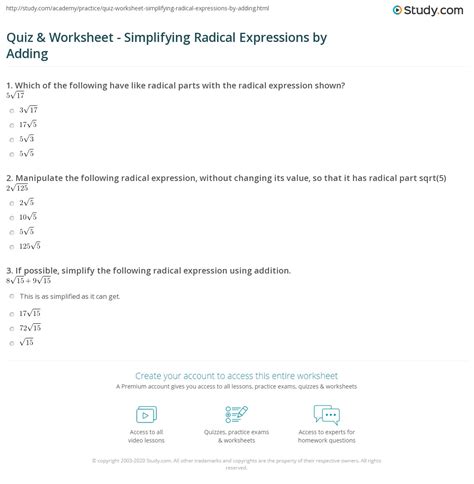 Quiz Worksheet Simplifying Radical Expressions By Adding Study