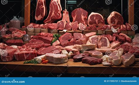 Meat Production Beef Cattle Peacefully Feeding On Hay In Cowshed Stock