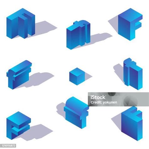 아이소메트릭 문자 F 대문자의 영어 글꼴 요소와 소문자 Abc에서 파란색 그림자가 있는 다양한 단축법 알파벳 F에 대한 스톡 벡터 아트 및 기타 이미지 Istock