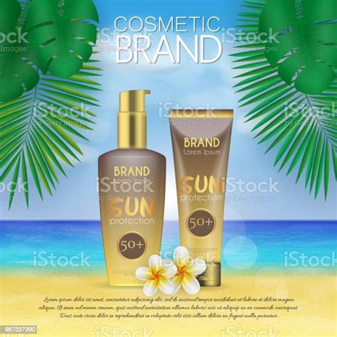 이국적인 야자수와 해변 배경에 여름 선크림 화장품 디자인 서식 파일 나뭇잎 3d 현실 태양 보호와 제품 광고입니다 3차원 형태에 대한 스톡 벡터 아트 및 기타 이미지