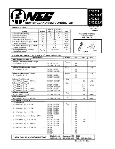 2n2222a Transistor Datasheet Specifications Pinout And Applications