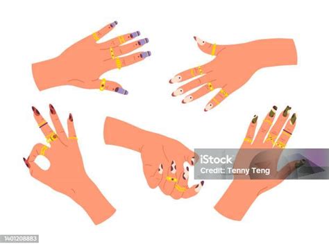 만화 여성 다듬어 손 매니큐어 살롱 네일 케어 루틴 귀여운 네일 디자인과 황금 반지 벡터 배경 일러스트레이션을 가진 여자 손 손톱 매니큐어 개념 가위에 대한 스톡 벡터 아트