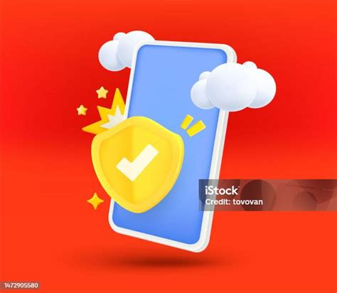 방패와 빈 화면이있는 최신 스마트 폰 3d 벡터 일러스트 레이 션 3차원 형태에 대한 스톡 벡터 아트 및 기타 이미지 3차원