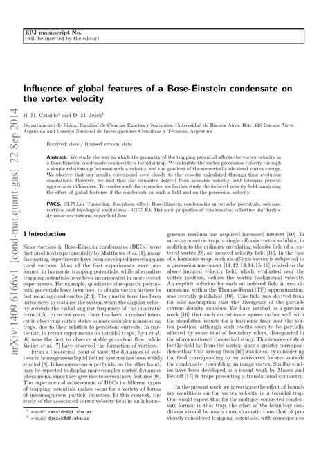 Pdf Influence Of Global Features Of A Bose Einstein Condensate On The Vortex Velocity