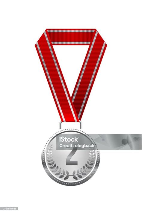 은메달 와 숫자 장소 둘째 와 빨간 리본 벡터 Illustration 승자와 챔피언을 위한 금속 보상 배지가 있는 현실적인