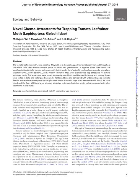 Pdf Novel Chemo Attractants For Trapping Tomato Leafminer Moth
