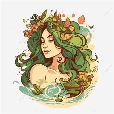 Mother Nature Vector Sticker Clipart Woman With Long Green Hair And Leaves In A Green Water