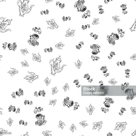흰색 배경에 고립 된 찻주전자와 찻잔의 원활한 패턴 섬유 디자인에 대한 주전자와 찻잔 컬렉션의 중국어 원활한 패턴 벡터 개요 그림 골동품에 대한 스톡 벡터 아트 및 기타