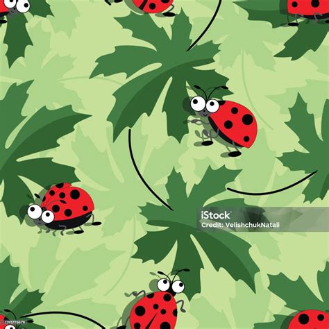 무당 벌레 배경 귀여운 벌레가있는 단풍 나무 잎 만화 무당 벌레 쾌활한 그림 재미있는 캐릭터 검은색에 대한 스톡 벡터 아트 및 기타 이미지 Istock