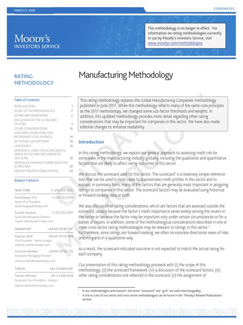Manufacturing Methodology Pdf Methodology Moodys Investors Service