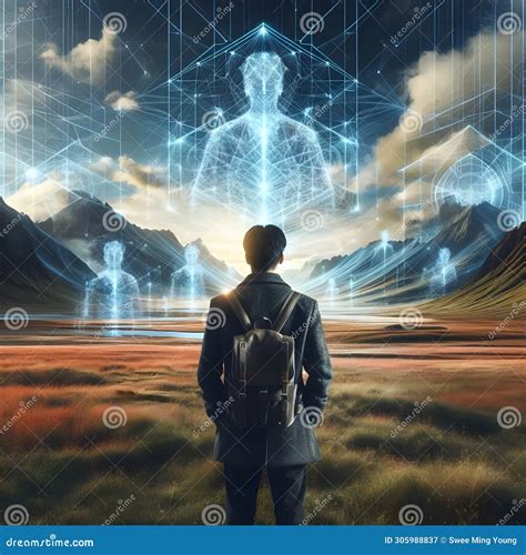 image of someone stands by an empty field abstract neon structures in