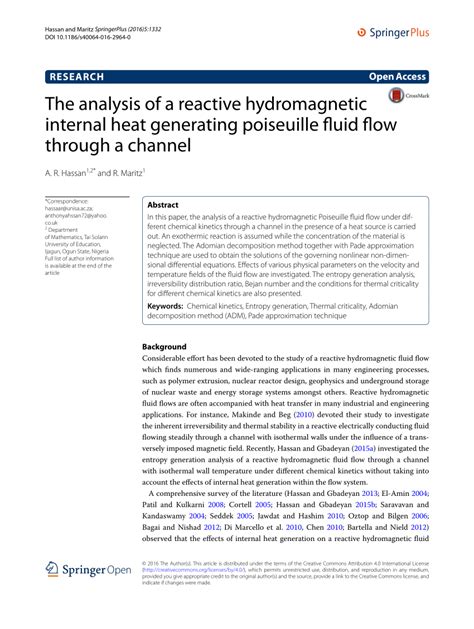 Pdf The Analysis Of A Reactive Hydromagnetic Internal Heat Generating Poiseuille Fluid Flow
