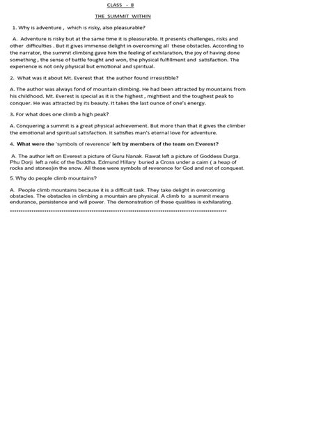 Notes Class 8 The Summit Within Pdf