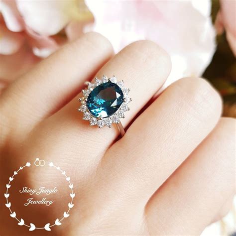 Royal Halo Style London Blue Topaz Engagement Ring 3 Carats Oval Cut