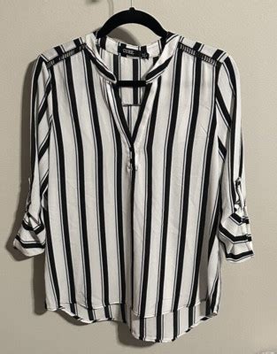 Womens Cure 34 Roll Tab Sleeve Black And White Stripe Blouse Small