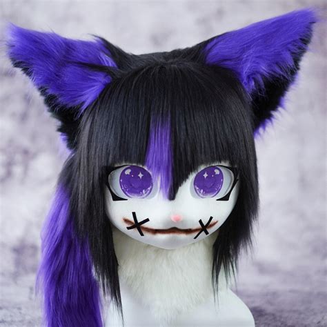 Gothic Purpleandblack Cat Kigurumi Full Cover Mask Furry Fursuit Head