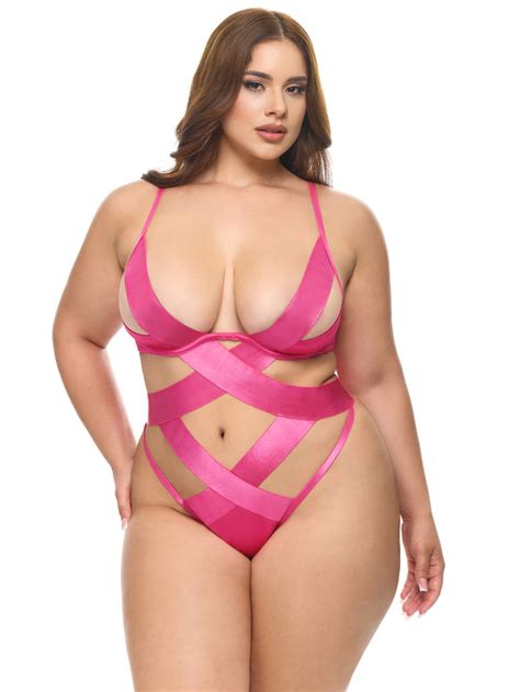 Wrapped In Hot Pink Teddy Plus Size Strappy Underwire Lingerie