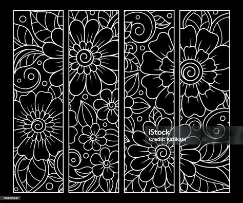 책 인쇄 책 갈피 색칠 꽃 무늬가 있는 흑백 라벨 세트로 핸드 드로우는 멘디 스타일로 그립니다 색깔의 연필을 가진 어린이와 성인의 창의력을위한 장식품의 스케치 검은색에 대한