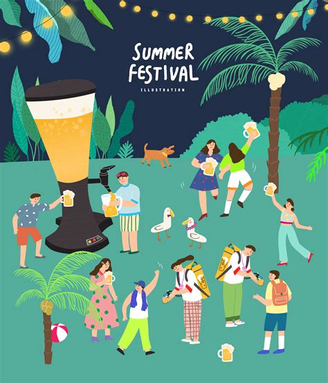 계절 남자 맥주 밤 시간 붓기 사람 술 야자수 어른 여러명 여름 여자 여행 음주 일러스트 조명 즐거움 축제 포스터 휴가 Summer Festival Drinking