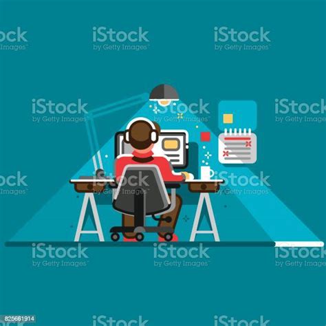 다시 보기 그의 책상에 사무실 노동자입니다 데스크톱 컴퓨터에서 작업 하는 사람과 멋진 벡터 평면 디자인 그림 개념에 대한 스톡 벡터 아트 및 기타 이미지 Istock