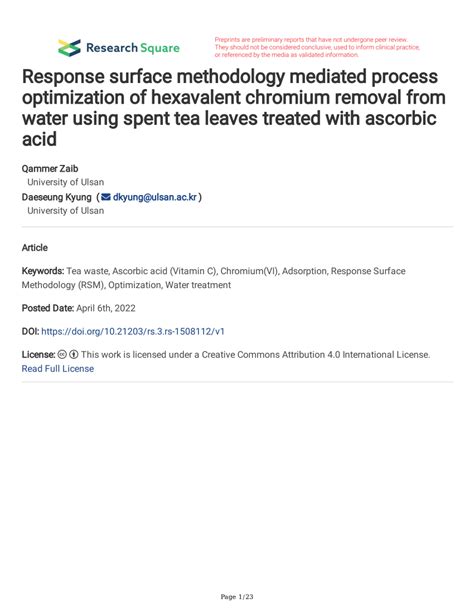 Pdf Response Surface Methodology Mediated Process Optimization Of Hexavalent Chromium Removal