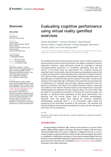 Pdf Evaluating Cognitive Performance Using Virtual Reality Gamified Exercises