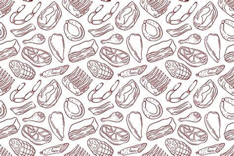 라인 아트 스타일의 다양한 컷과 유형이 있는 원활한 고기 패턴 정육점 디자인 요리 프로젝트 또는 음식 관련 일러스트레이션의 배경에 적합합니다 Steakhouse에 대한 스톡