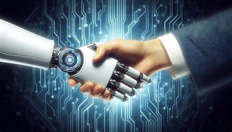 Human And Robot Handshake Symbolizing Ai Partnership With Futuristic Background Premium Ai