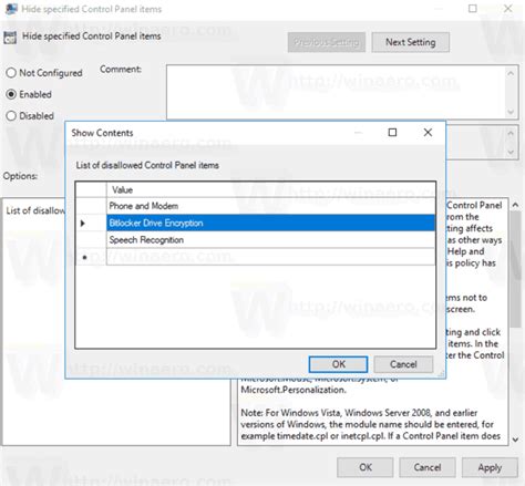 how to hide control panel applets in windows 10