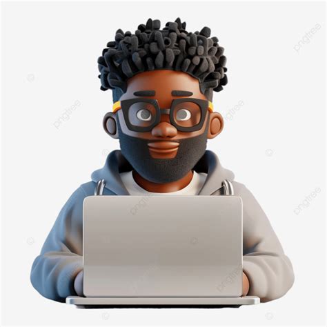 노트북 컴퓨터에서 작업하는 젊은 아프리카 남자의 간단한 만화 3d 그림이 초상화를 닫습니다 컴퓨터 랩탑 일하다 Png 일러스트 및 이미지 에 대한 무료 다운로드