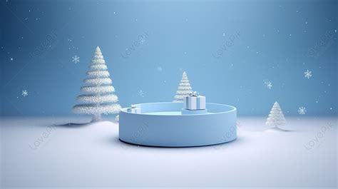 매혹적인 겨울 원더랜드 축제 크리스마스 트리를 배경으로 한 3d 파란색과 흰색 눈 덮인 연단에 빠져보세요 리스 배경 연단 배경 원더 배경 이미지 Hd 리스 연단