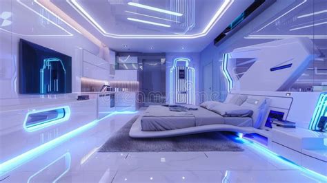 A High Tech Futuristic Bedroom With Sleek Furniture Blue Ambient Lighting And Modern Decor