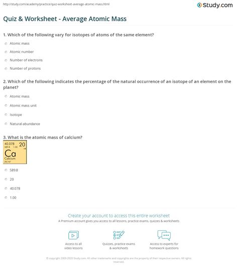 Quiz And Worksheet Average Atomic Mass